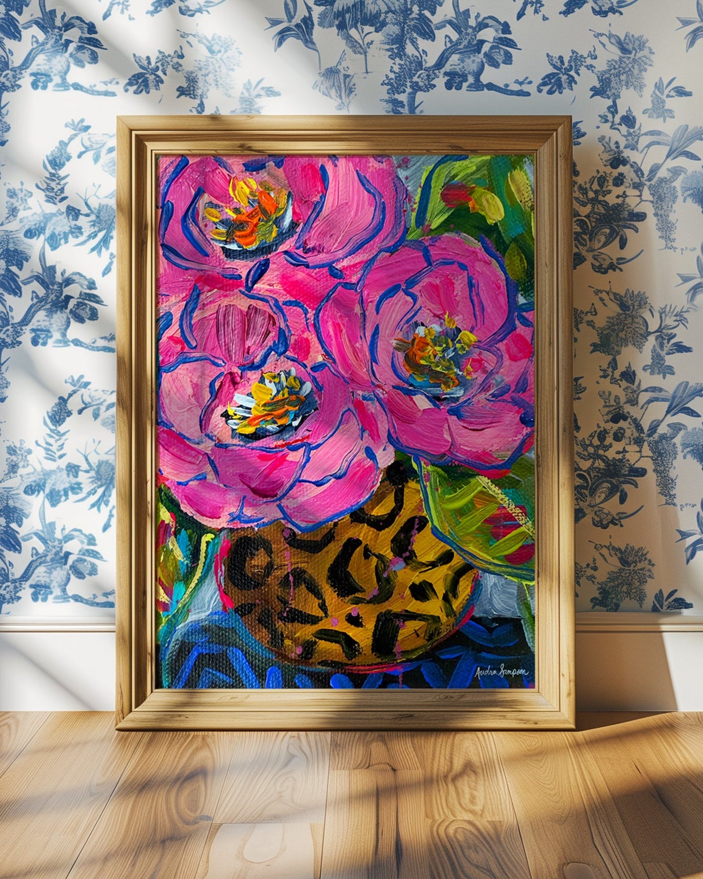 Round Cheetah Vase Rose Bouquet Art Print on Paper or Canvas - Floral