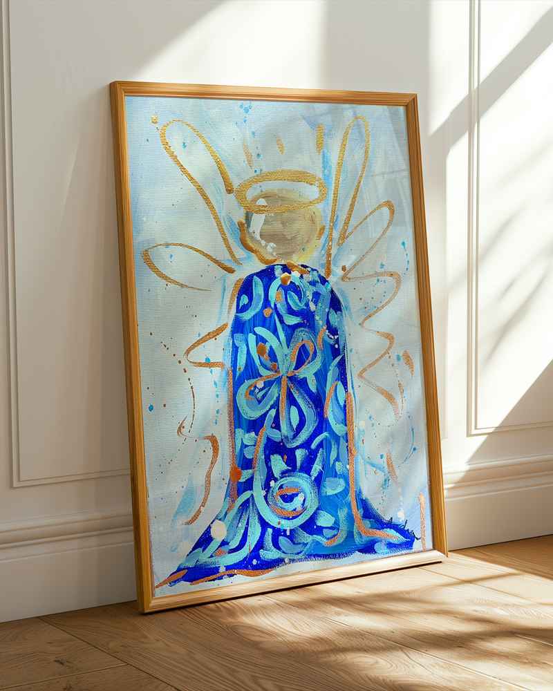 Blue White Angel Art Print on Paper or Canvas - Inspirational Wall Dec