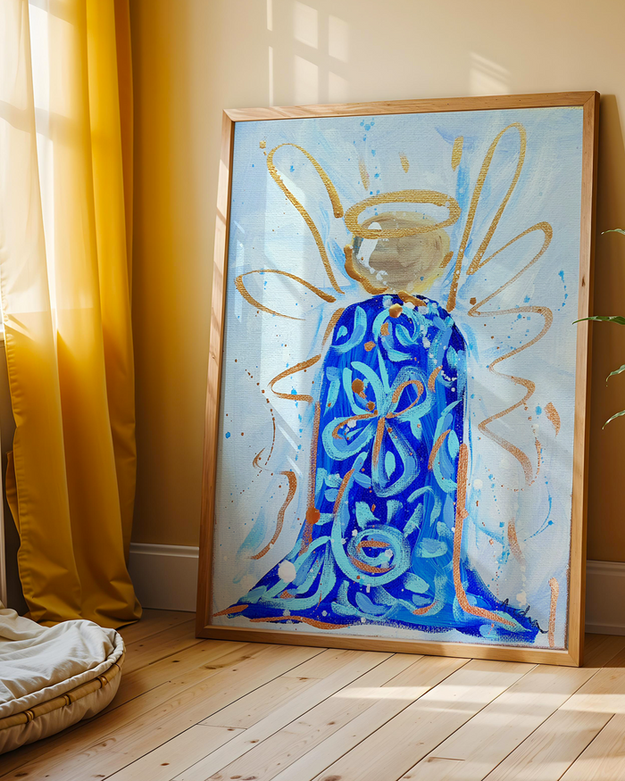 Blue White Angel Art Print on Paper or Canvas - Inspirational Wall Dec