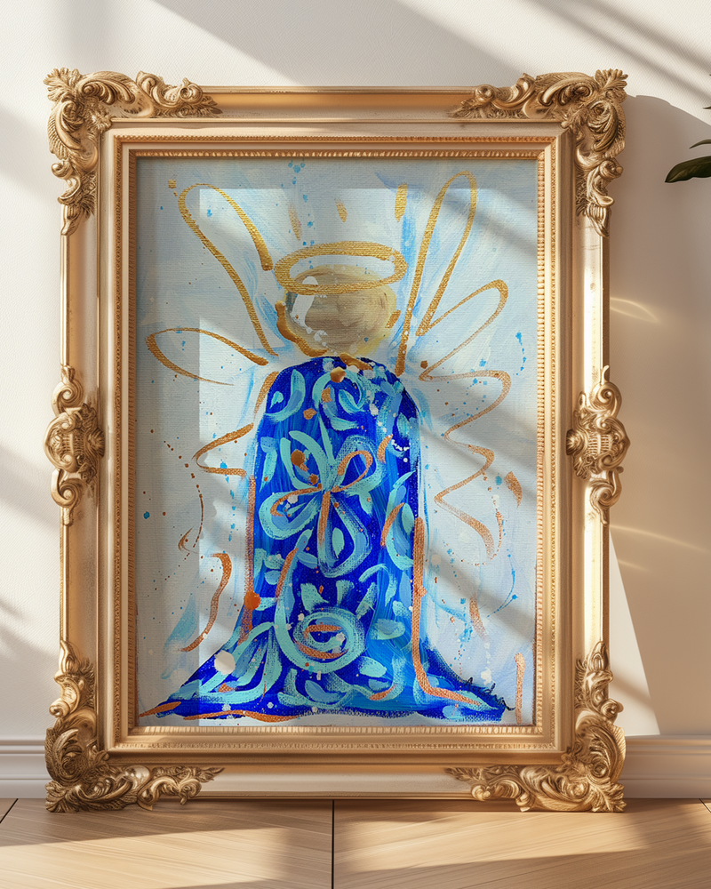 Blue White Angel Art Print on Paper or Canvas - Inspirational Wall Dec