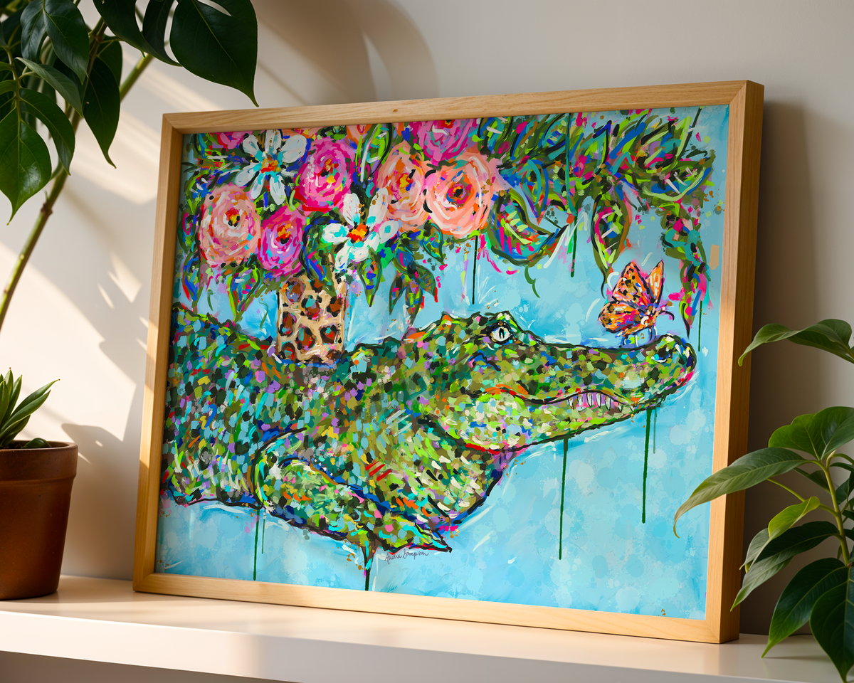 Clementine - Alligator With Bouquet Art Print on Paper or Canvas - Blu