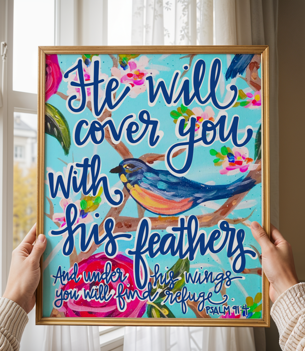 He Will Cover You With His Feathers Art Print on Paper or Canvas - Scr