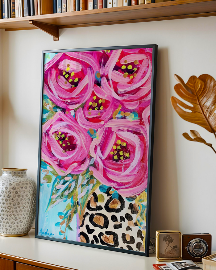 Leopard Rose Bouquet Art Print | Blue | Audra Style