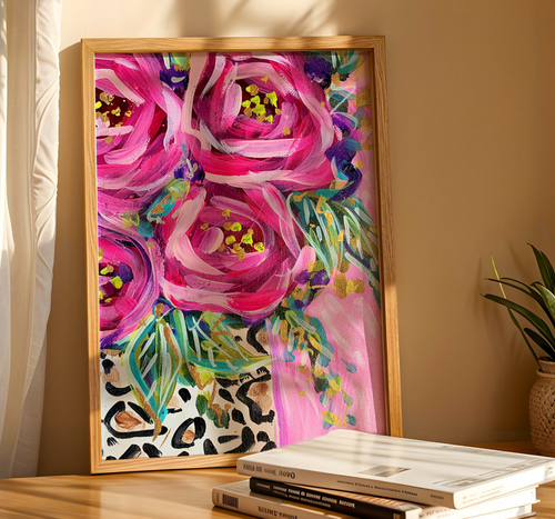 Leopard Rose Bouquet Art Print on Paper or Canvas - Maximalist Decor,