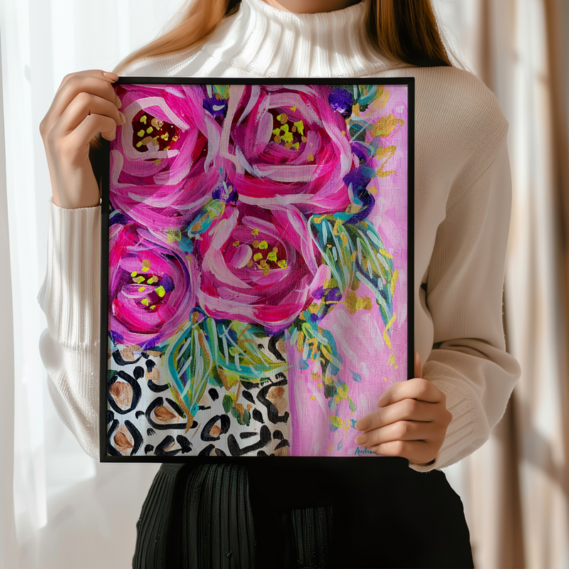 Leopard Rose Bouquet Art Print on Paper or Canvas - Maximalist Decor,