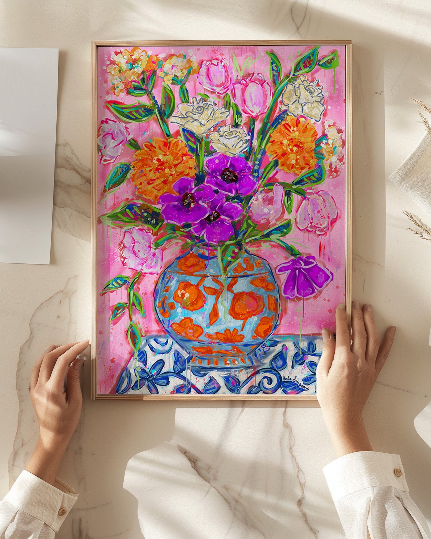 Orange & Blue Vase Bouquet Art Print on Paper or Canvas - Maximalist D