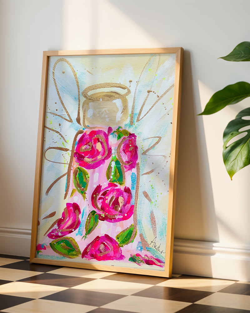 Rose Angel Art Print on Paper or Canvas - Pink Decor, Colorful Wall Ar