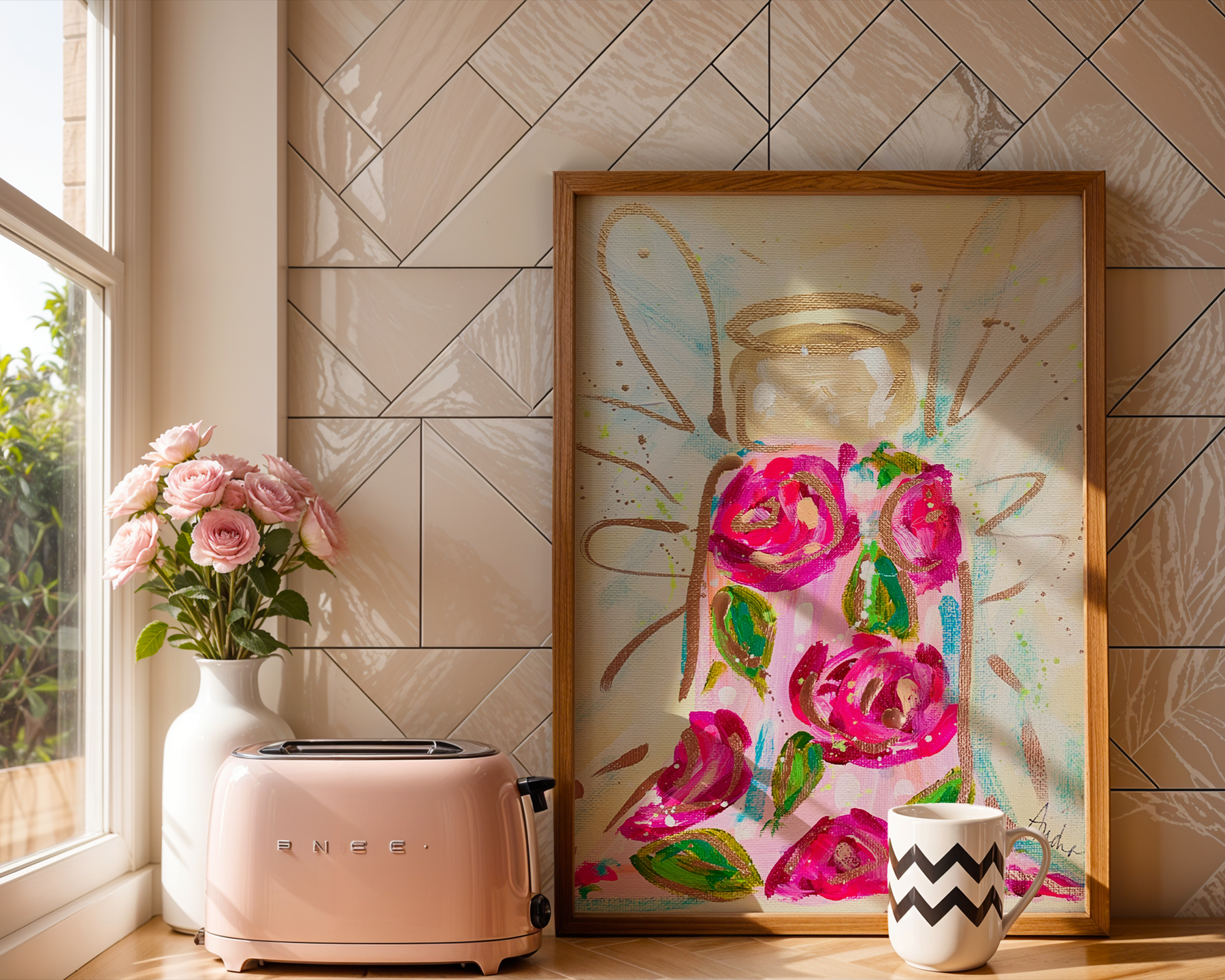 Rose Angel Art Print on Paper or Canvas - Pink Decor, Colorful Wall Ar