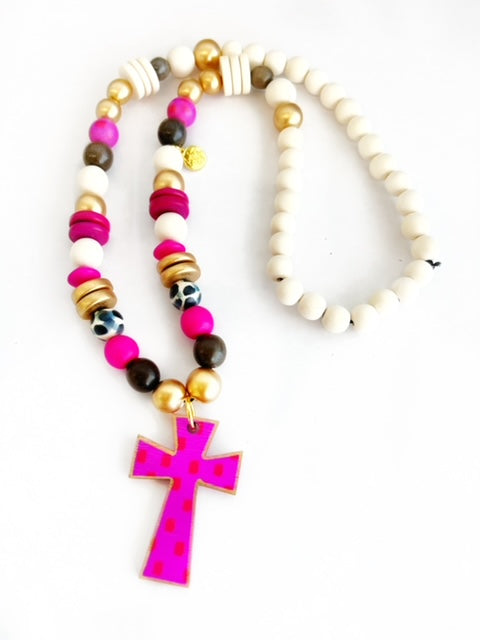 Pink Red Dot Cross Pendant Beaded Necklace