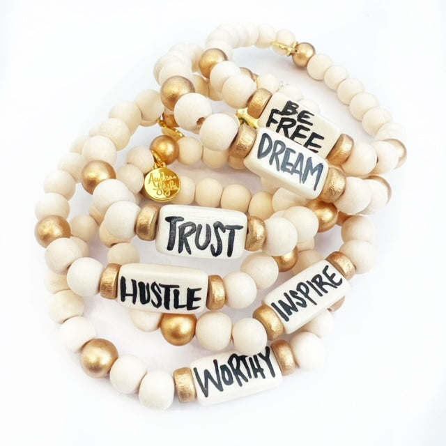 Affirmation Word Beaded Bracelet Inspirational - Off White