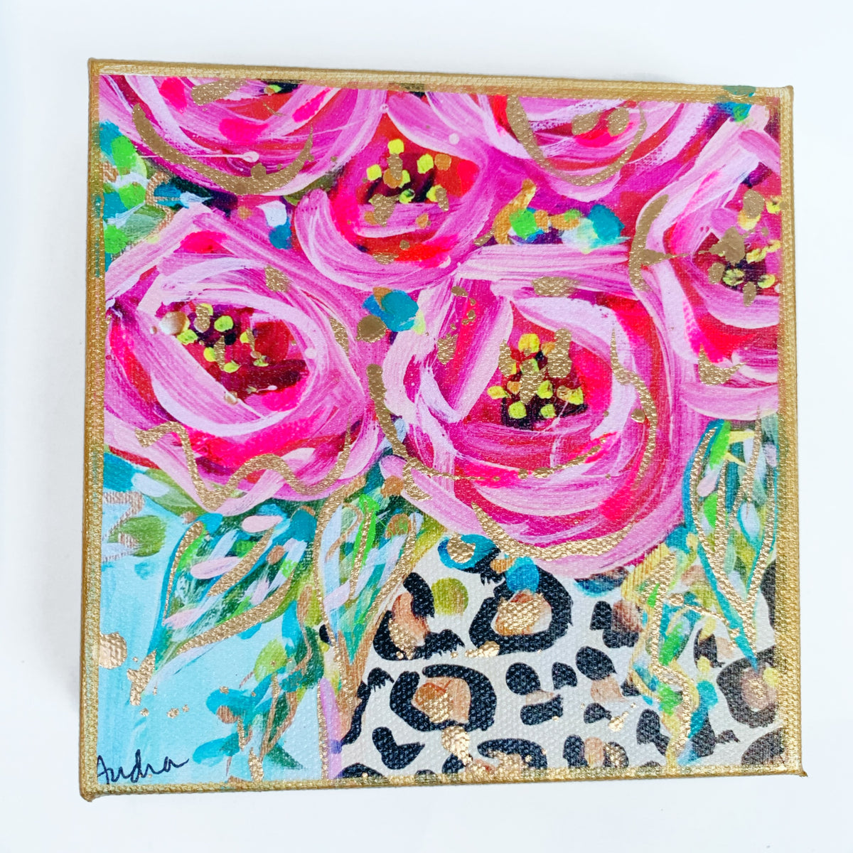 Roses Leopard Vase Blue Background on 6"x6" Gallery Wrapped Canvas ...